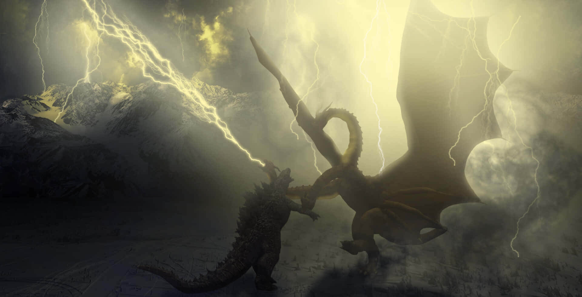 Download Godzilla and King Ghidorah Locked in Epic Battle Wallpaper | Wallpapers.com