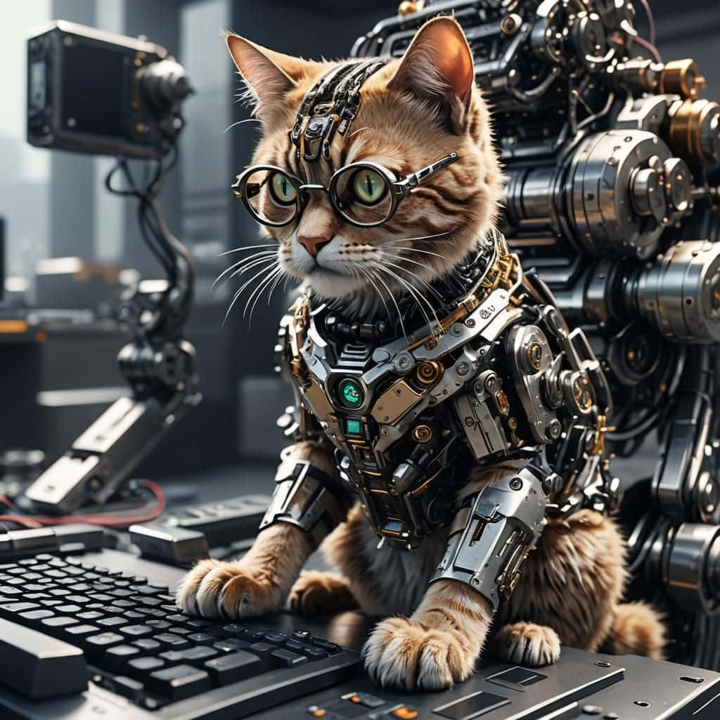 Download Cybernetic Cat Typingat Keyboard Wallpaper | Wallpapers.com