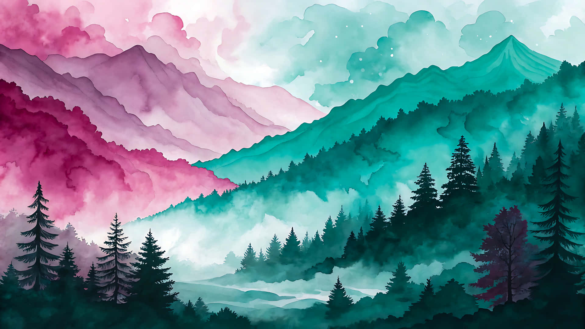 Download Watercolor Painting Of Mountain Landscape With Pink And Teal ...